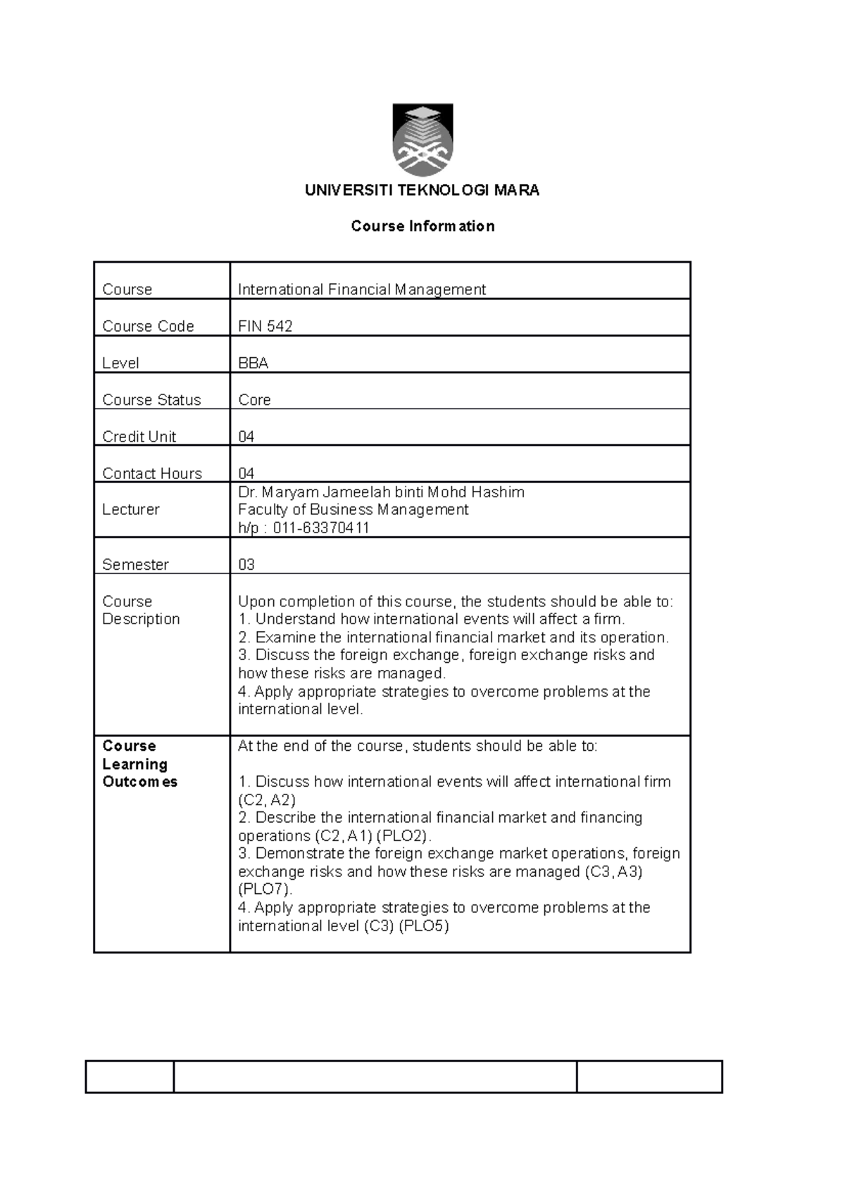 FIN542 Lesson PLAN OCT 2022 - UNIVERSITI TEKNOLOGI MARA Course ...