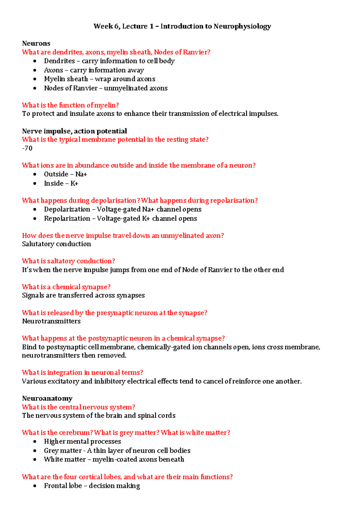 Intro to Neurophysiology Lecture notes - Week 6, Lecture 1 ...
