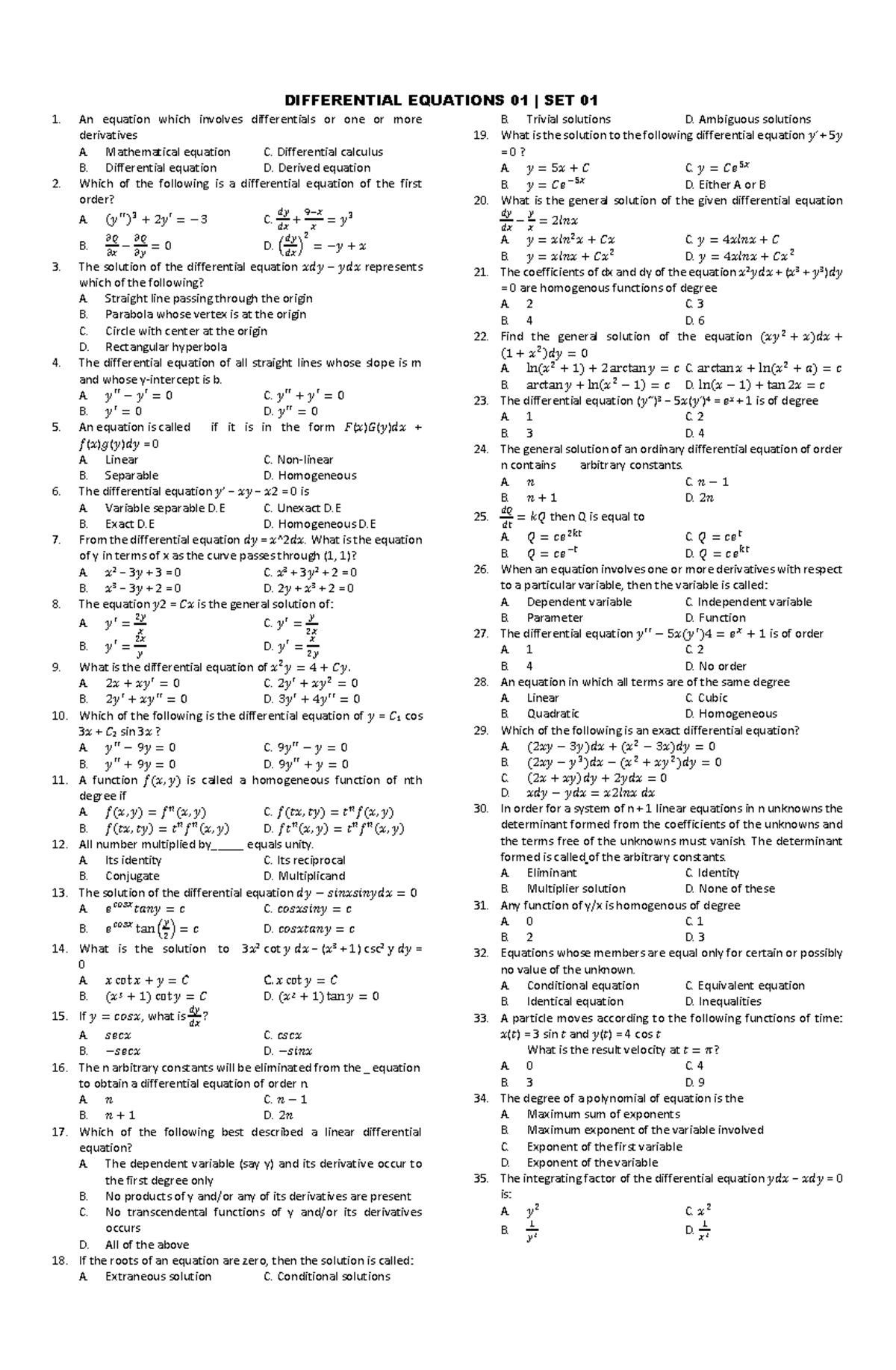 Differential- Equations-01-l-SET-01 - DIFFERENTIAL EQUATIONS 01 | SET ...