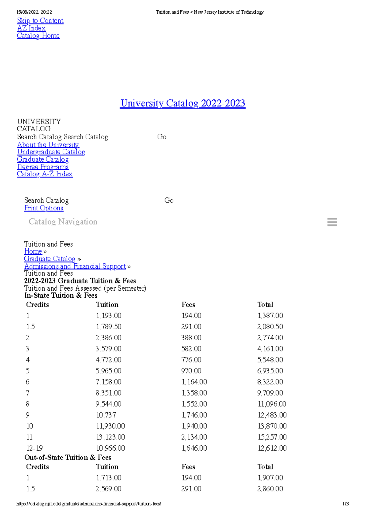 Fee NJIT - Sample Fee structure - 15/08/2022, 20:22 Tuition and Fees
