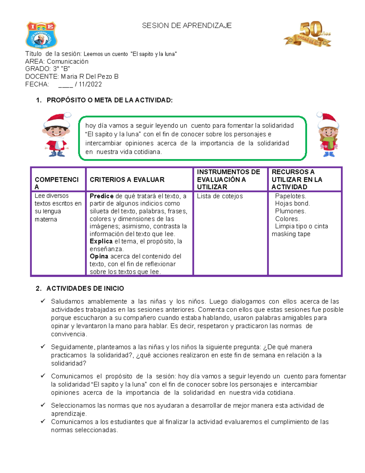 Sesion DE Aprendizaje 4 semana - SESION DE APRENDIZAJE Título de la sesión: Leemos un cuento “El ...
