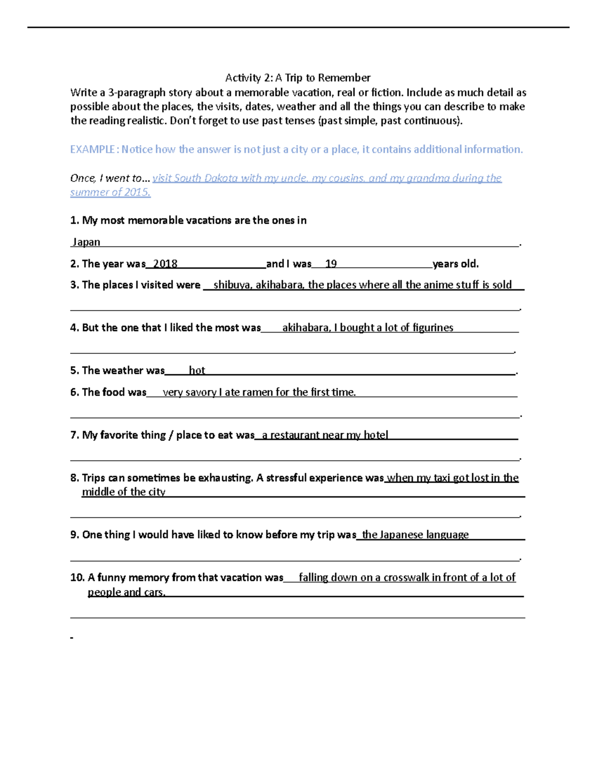 Act 2 ingles 22 - fvadfvfdvfdavfda - Activity 2: A Trip to Remember ...