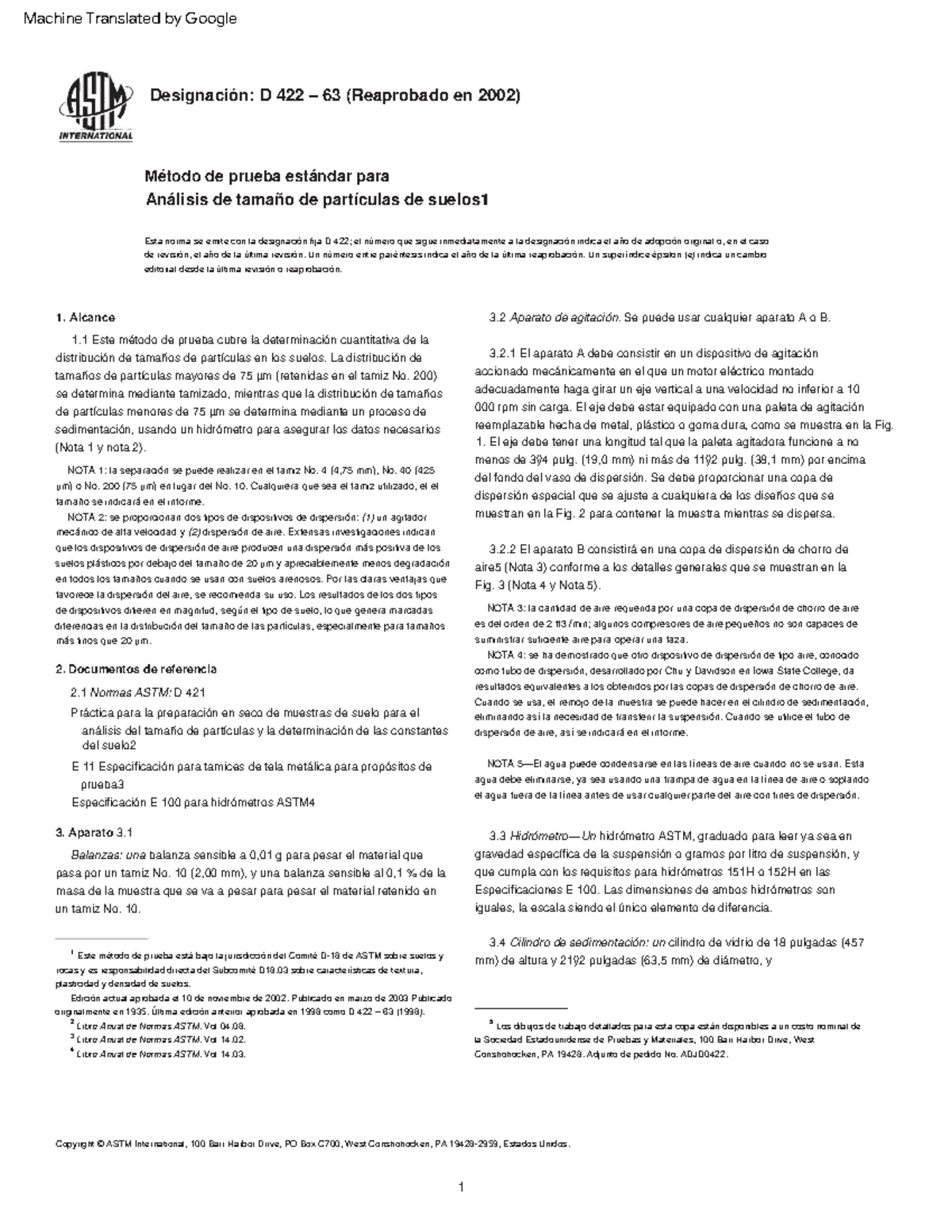 ASTM D422 (Reaprobado en 2002 ) Granulometria DE LOS Suelos ( Tamizado E Hidrómetro) - Copyright ...