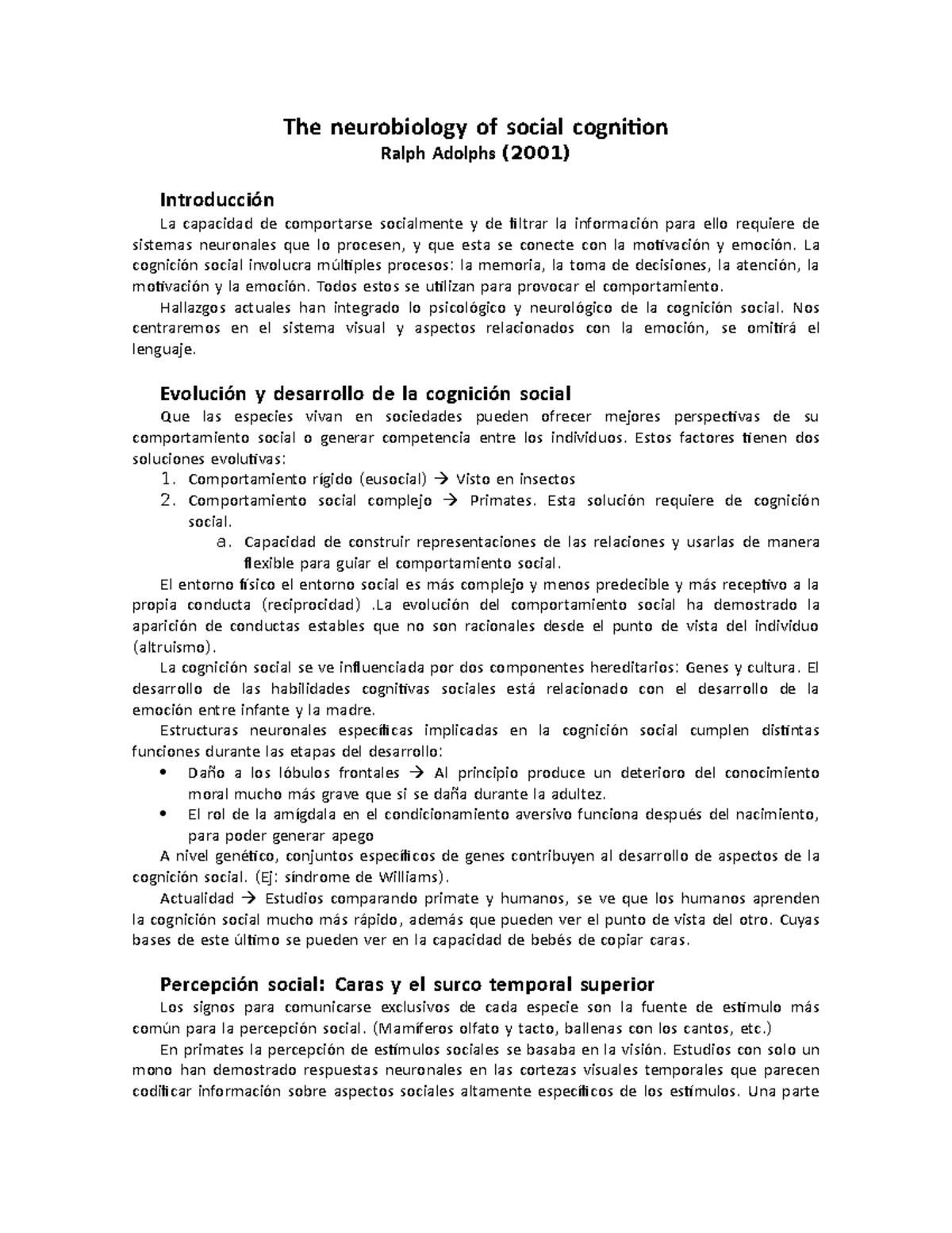 The neurobiology of social cognition - Resúmen. - The neurobiology of ...