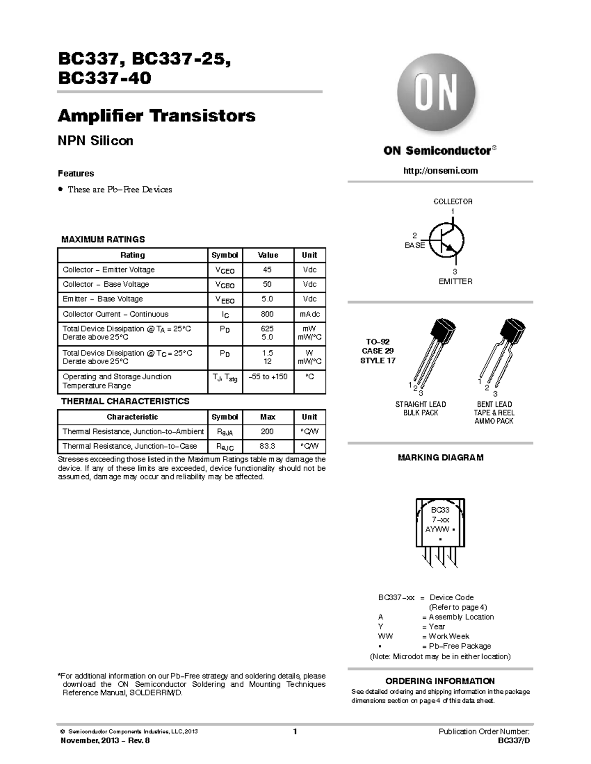 Datassheet of Trasistor BC337-40 - © Semiconductor Components ...