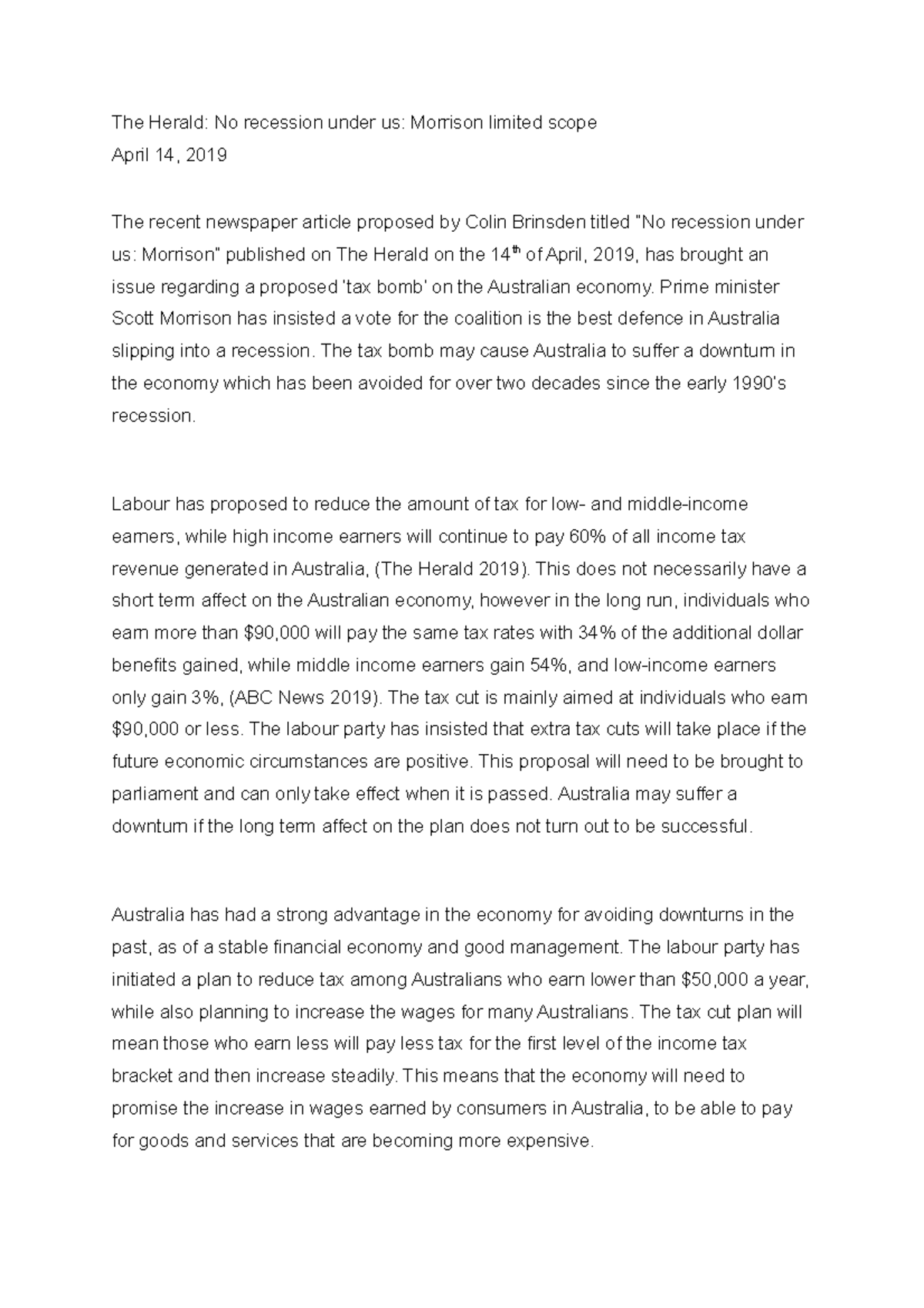 Micro Essay - Grade: HD - The Herald: No recession under us: Morrison ...