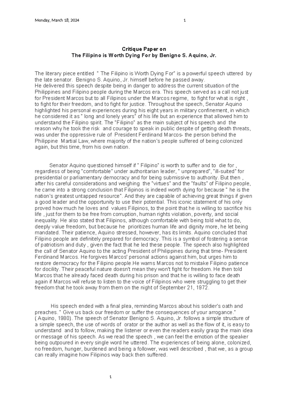 FILIPINO IS WORTH DYING FOR BY BENIGNO AQUINO JR. CRITIQUE PAPER - 1 1 ...