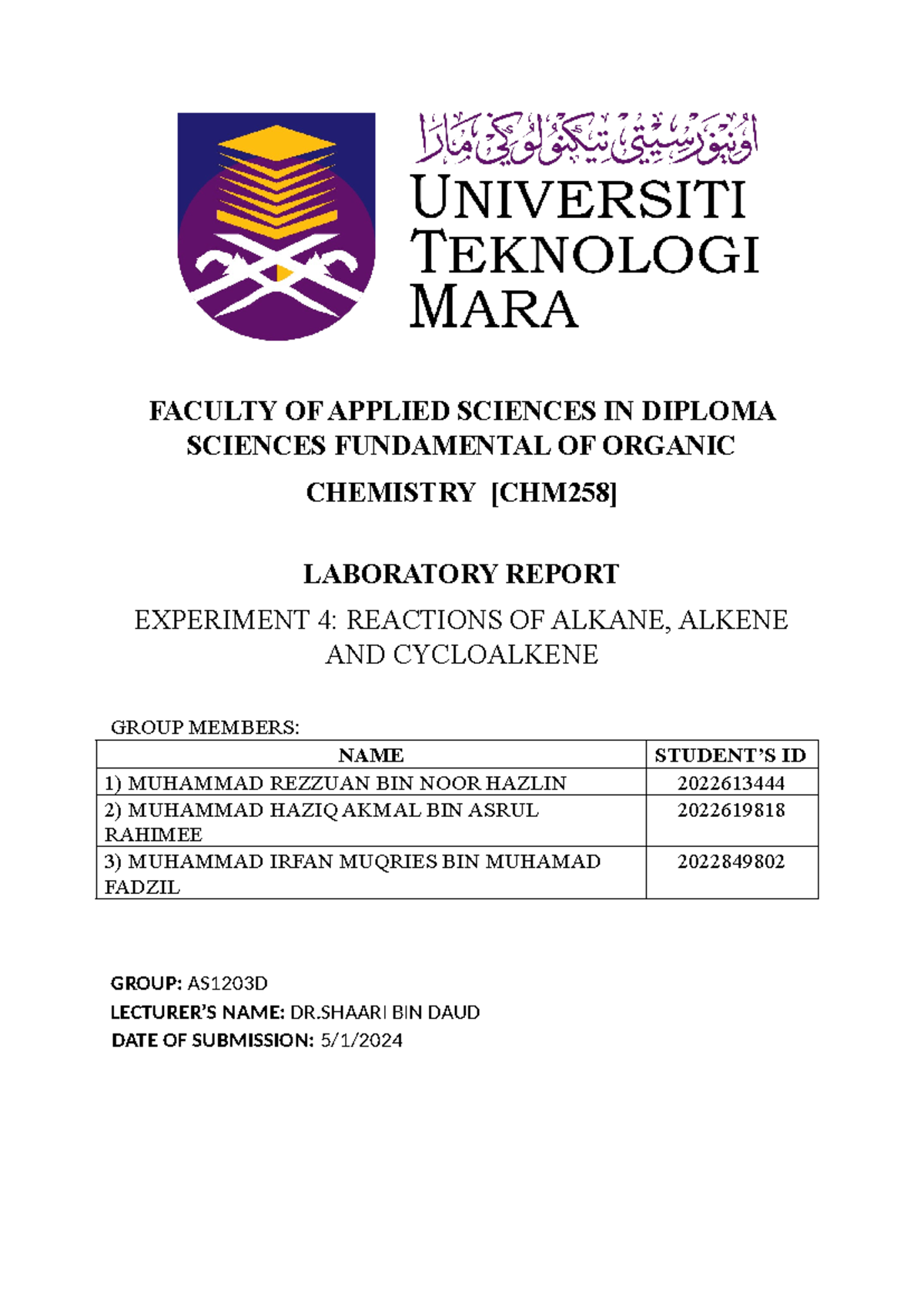 LAB Report CHM258 (EXP4) - FACULTY OF APPLIED SCIENCES IN DIPLOMA SCIENCES FUNDAMENTAL OF ...