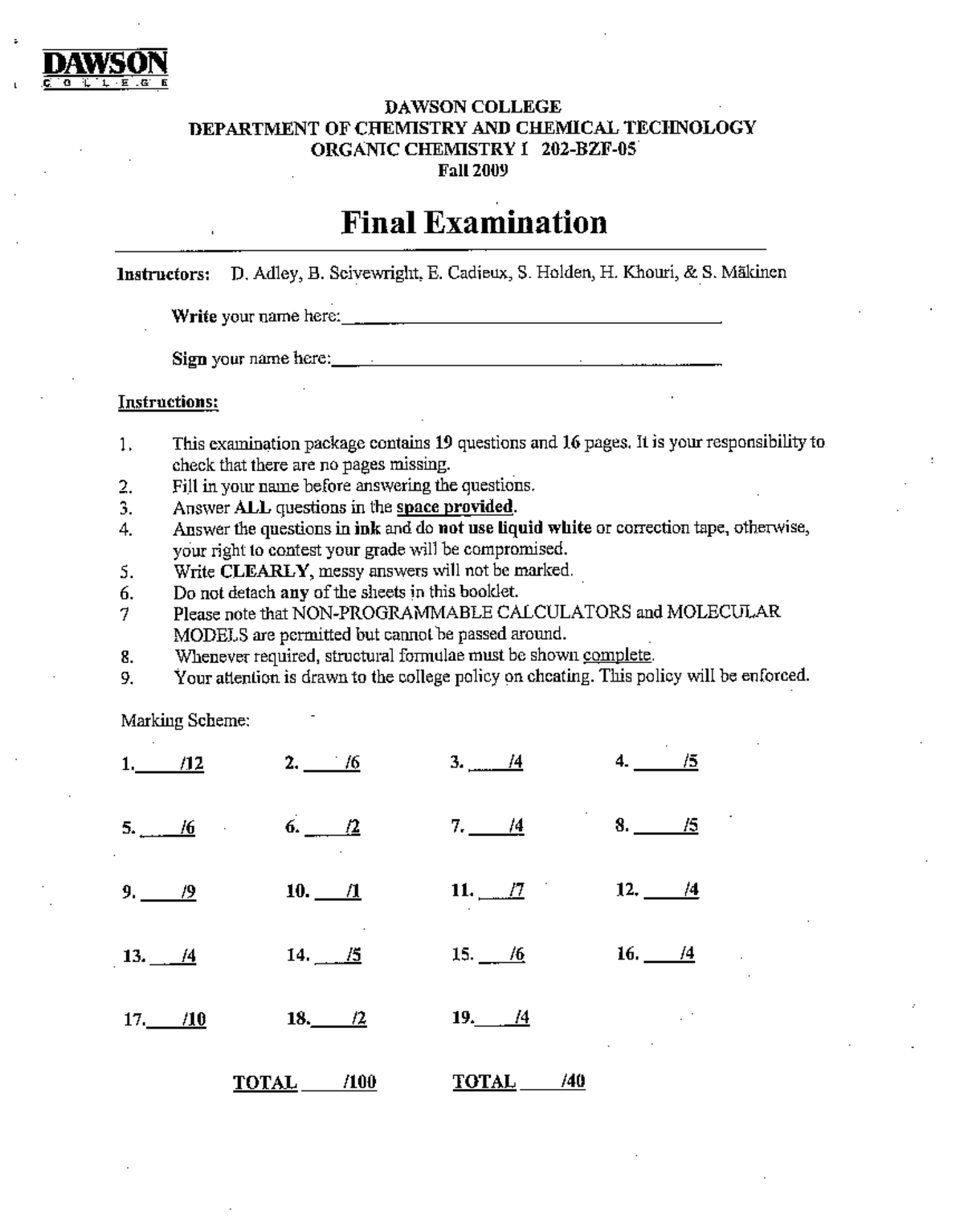 Final Exam 1- Organic Chemistry 1- Dawson College - DAWSON COLEGE DAWSON COLLEGE DEPARTMENT OF ...