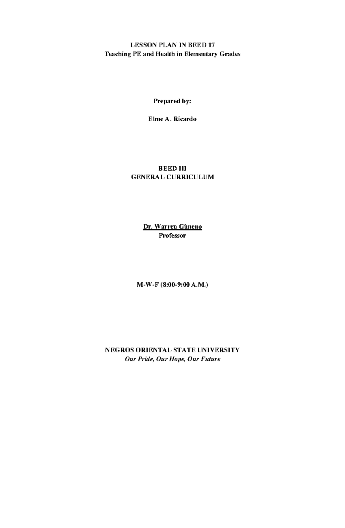 Health-DLP - Summary Physical Education and Health 1 - LESSON PLAN IN ...