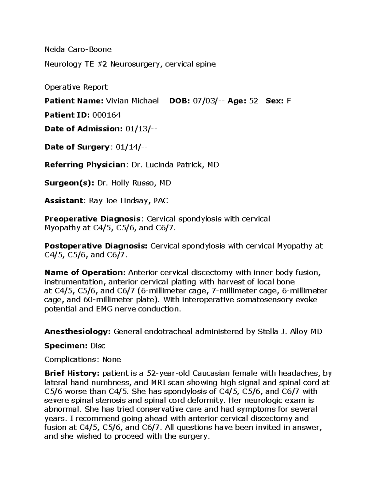 Advanced Report Neurology TE ^N 2 - Neida Caro-Boone Neurology TE #2 ...