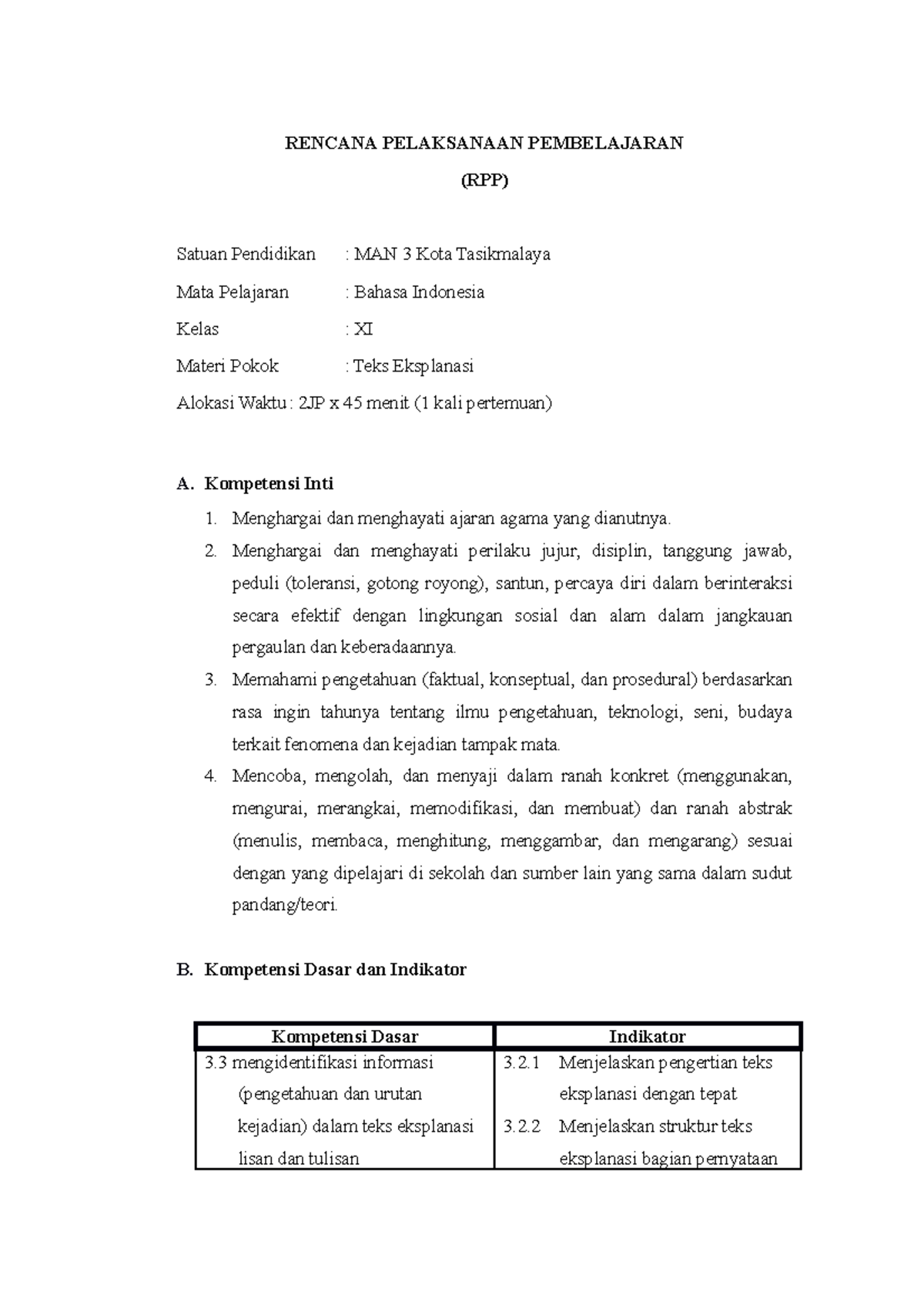 RPP Format LAMA - RENCANA PELAKSANAAN PEMBELAJARAN (RPP) Satuan ...
