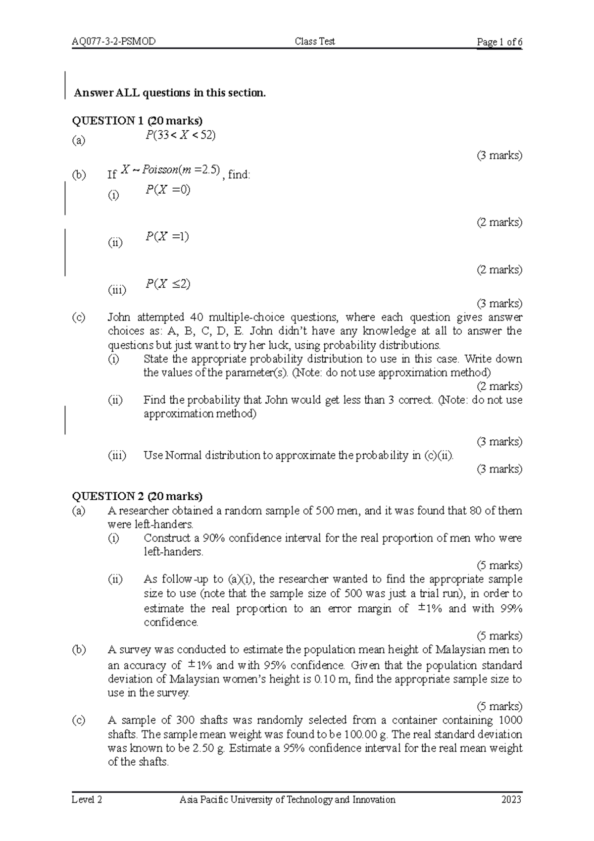 Class Test(Q) Test Exercise - Answer ALL questions in this section ...