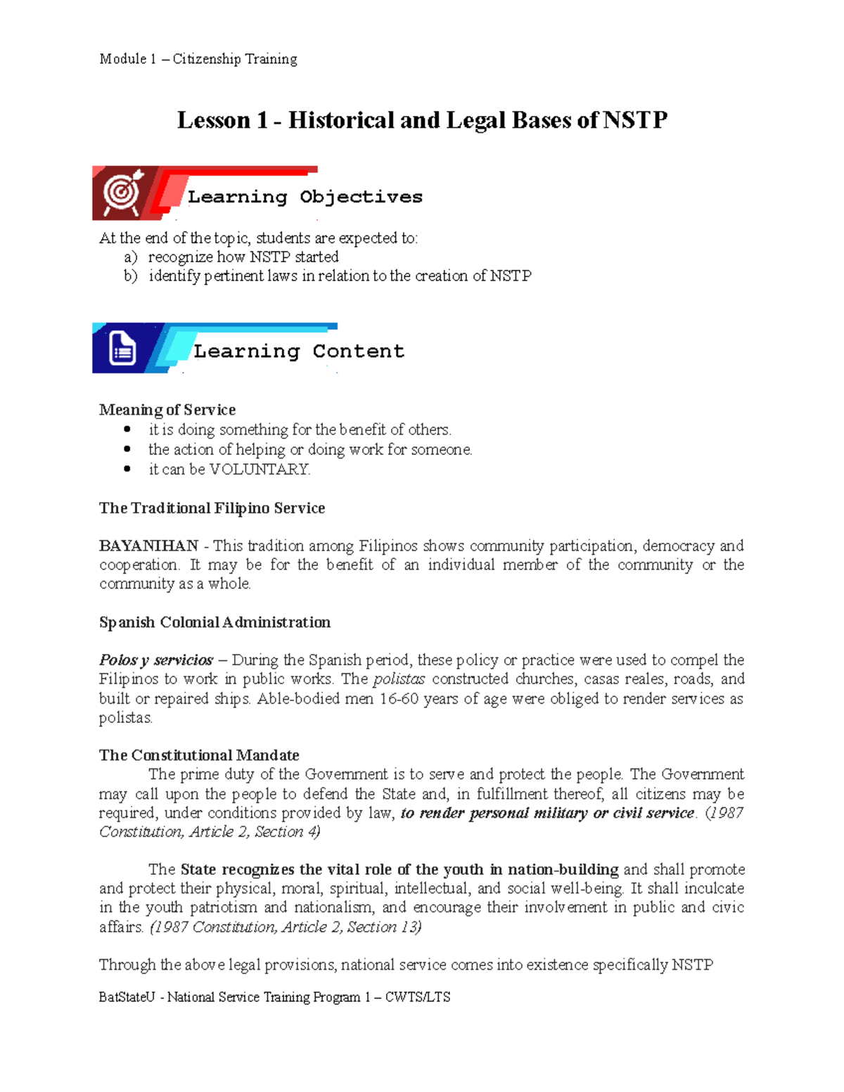 NSTP-Lessons - Lesson in nstp cwts - Lesson 1 - Historical and Legal ...