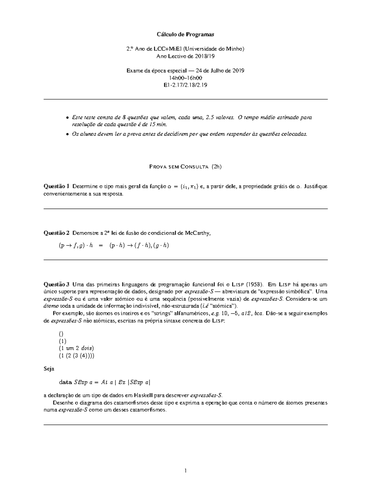 Cp18193 - Calculo de Programas ́ 2 .oAno de LCC+MiEI (Universidade do ...
