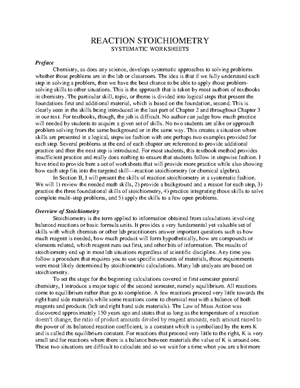 Reaction Stoichiometry WS 1 and 2 - REACTION STOICHIOMETRY SYSTEMATIC WORKSHEETS Preface ...