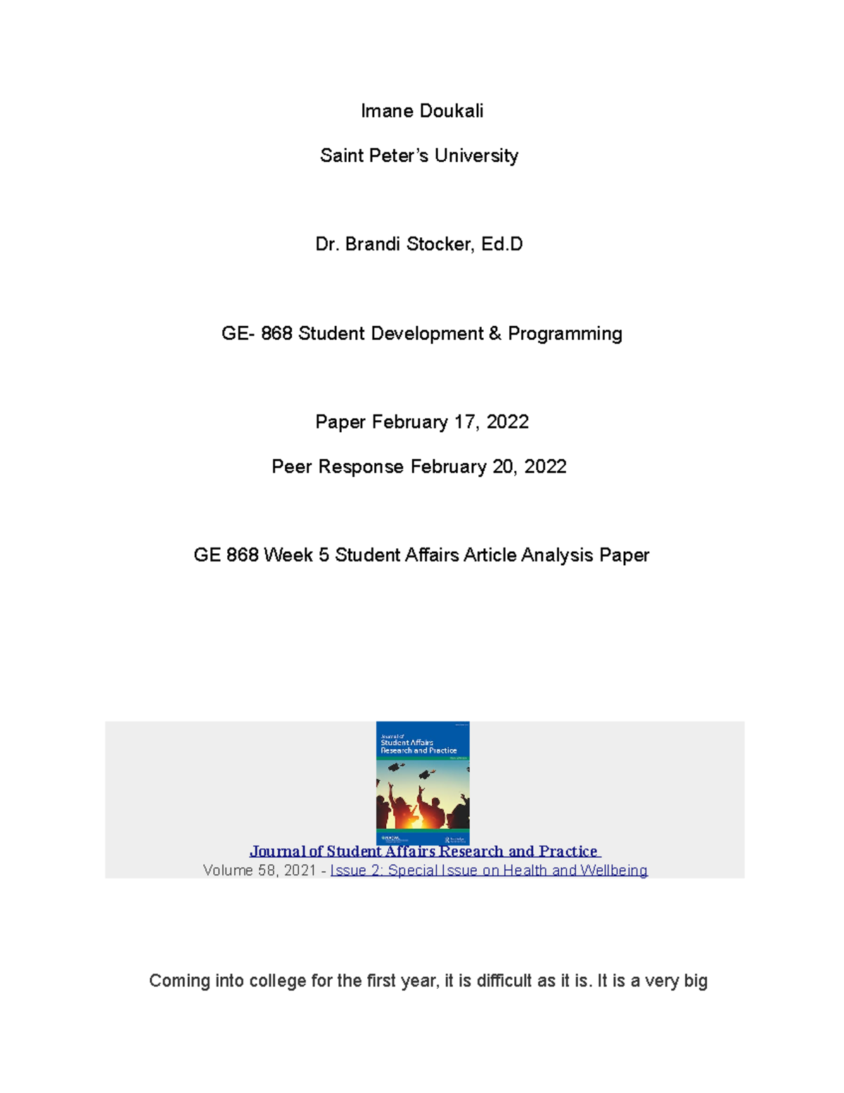 Student Wellness - Imane Doukali Saint Peter’s University Dr. Brandi ...