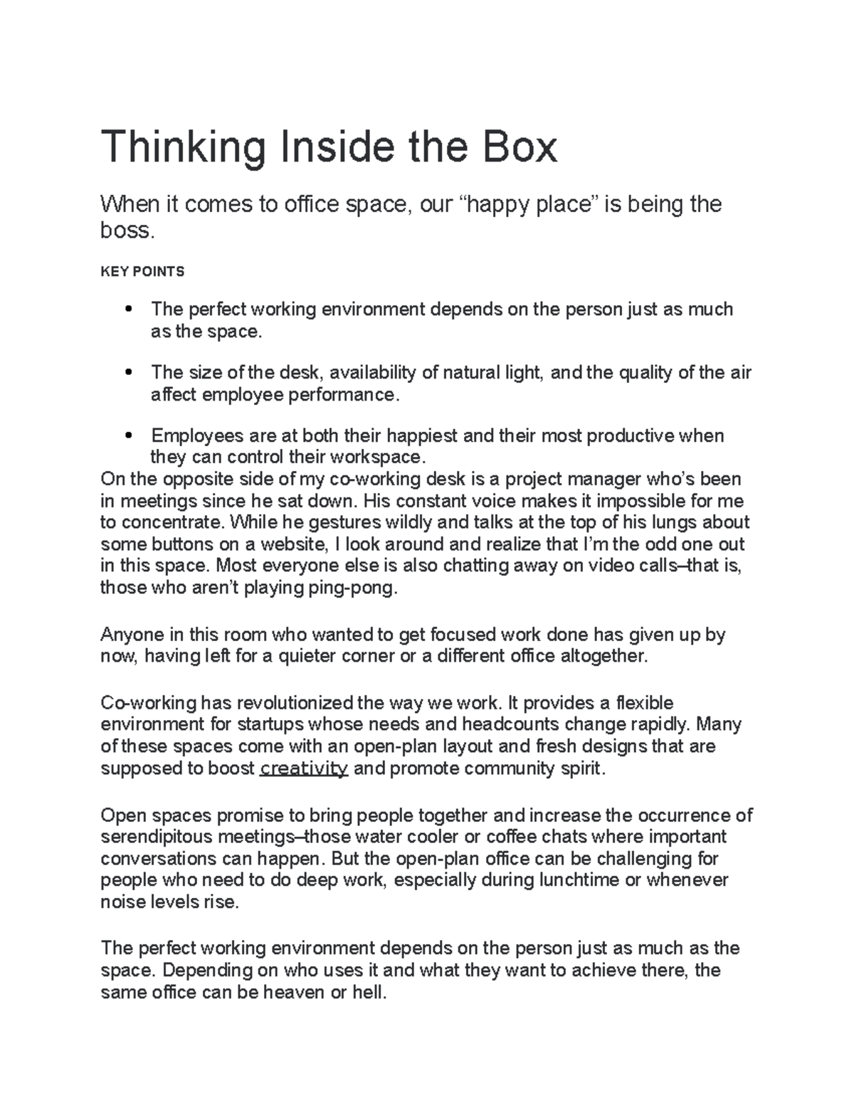 Thinking Inside the Box - KEY POINTS The perfect working environment ...