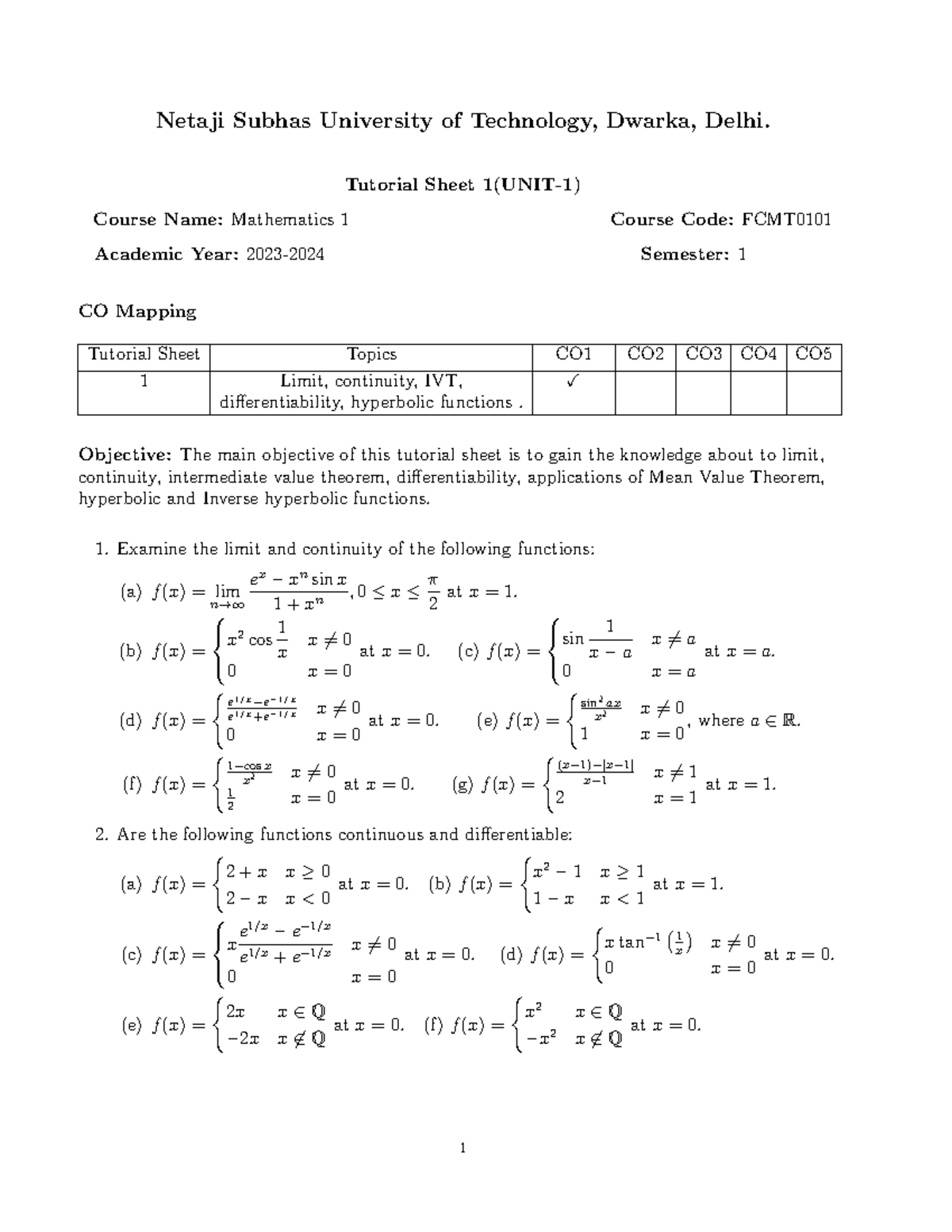 Tutorial Sheet 1 Netaji Subhas University Of Technology Dwarka