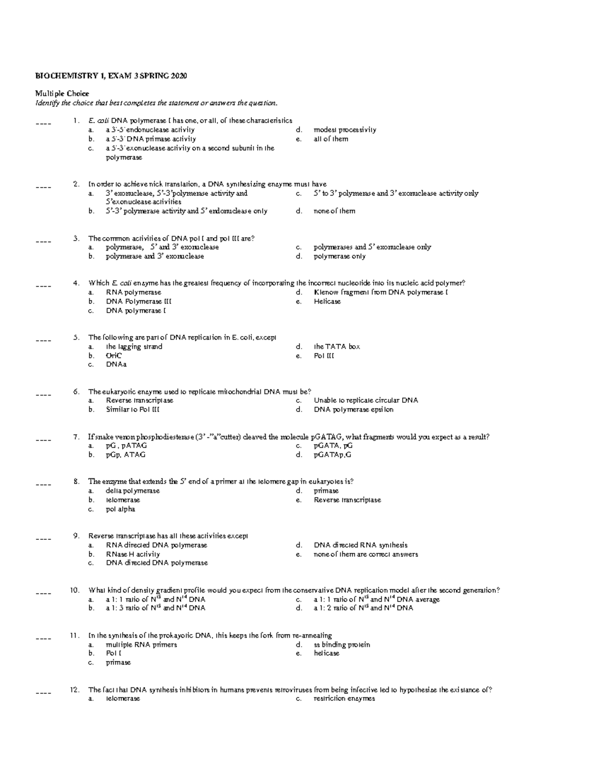 EXAM 3 WITH Answer KEY - exam 3 - BIOCHEMISTRY 1, EXAM 3 SPRING 2020 ...