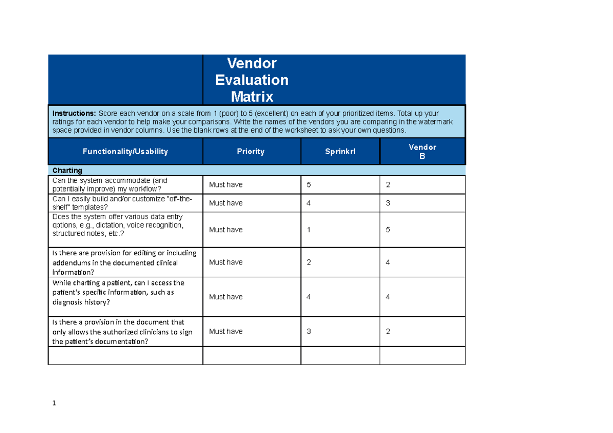 Evaluation matrix - assignment - Vendor Evaluation Matrix Instructions ...
