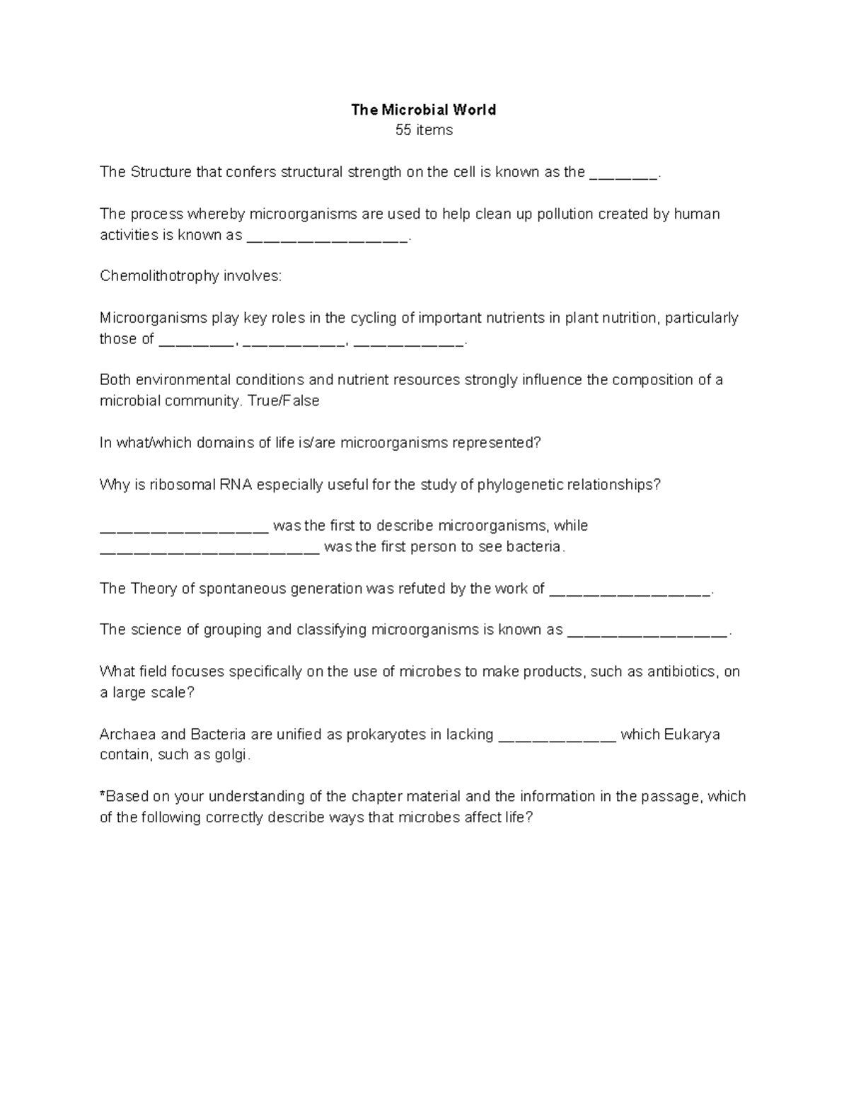 Mastering Biology Homework 1 - The Microbial World 55 items The ...