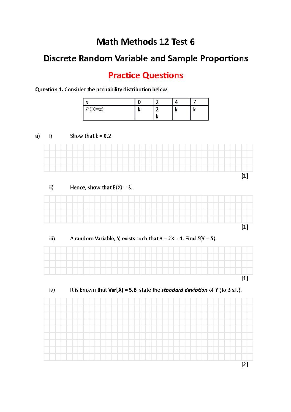 DRV and Sampling Proportions Practice Questions Final - Math Methods 12 ...
