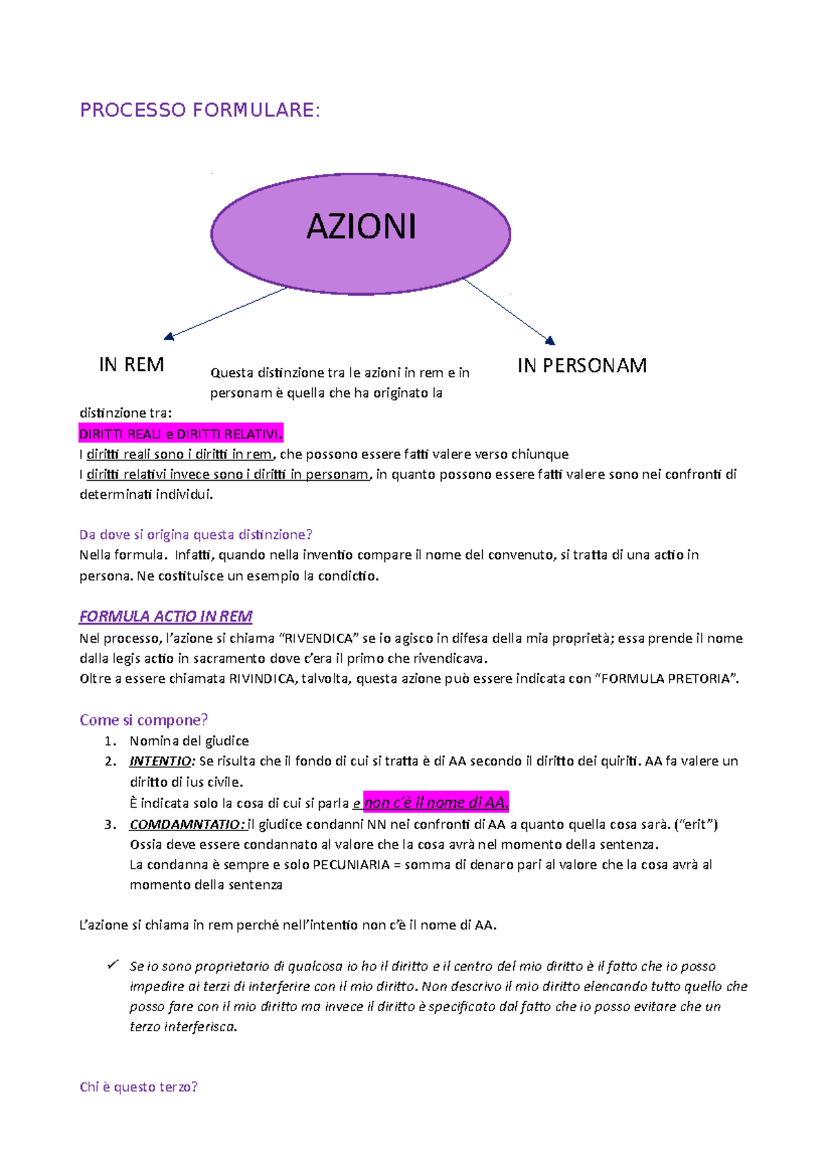 Actio IN REM - PROCESSO FORMULARE: Questa distinzione tra le azioni in ...