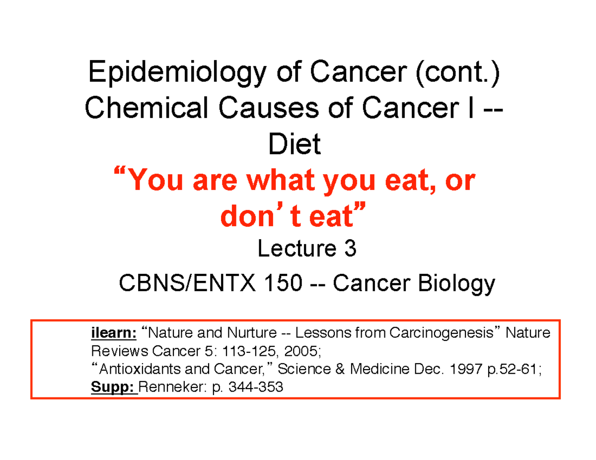 L3 CB14 - Dr. Sladek - Epidemiology of Cancer (cont.) Chemical Causes ...