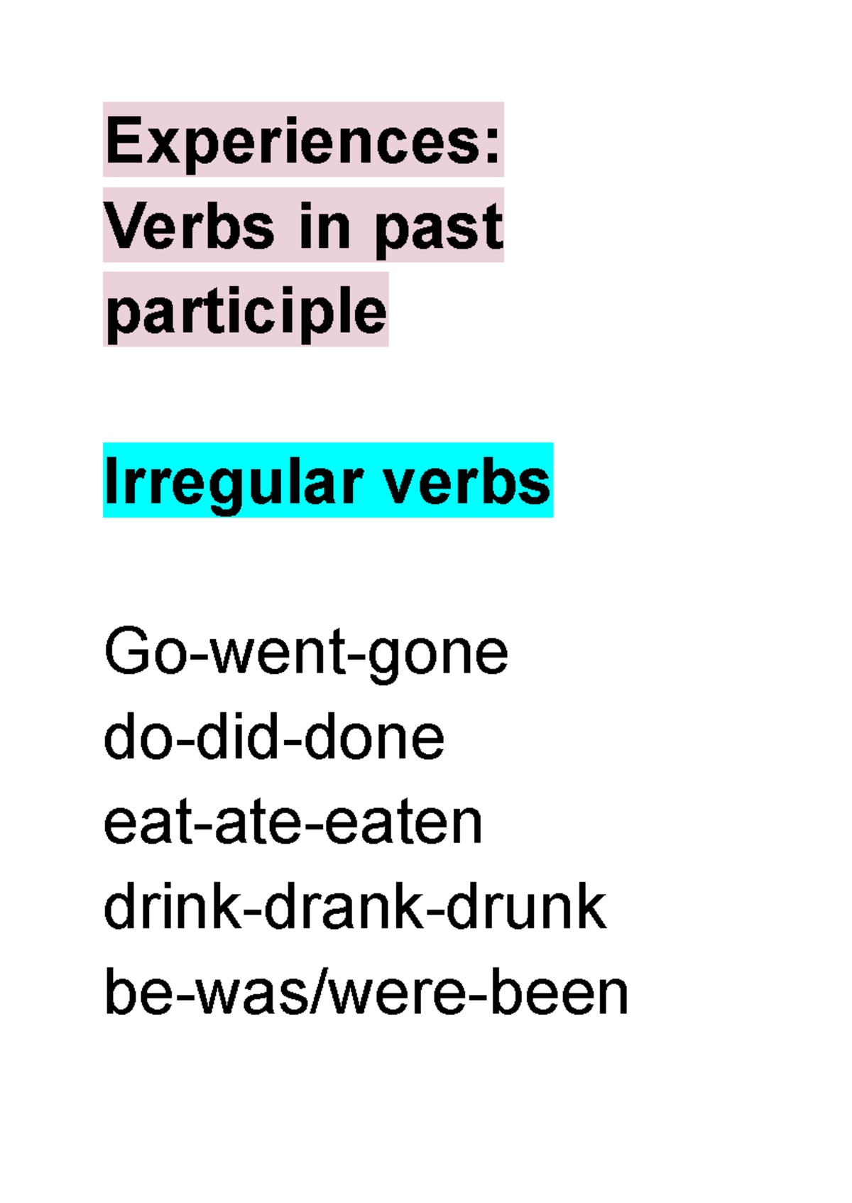 Present perfect and simple past - Experiences: Verbs in past participle ...