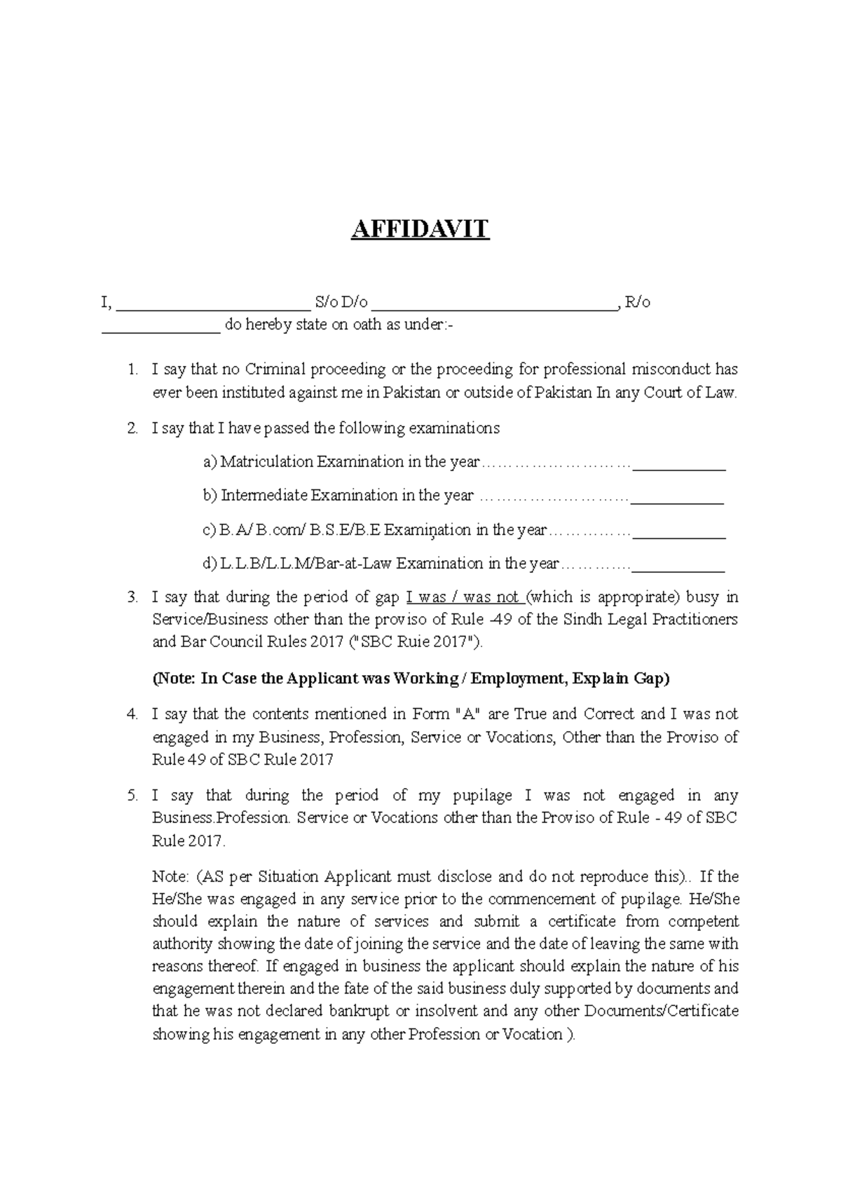 Initmation Affidavit - AFFIDAVIT I, _______________________ S/o D/o , R/o ______________ do ...