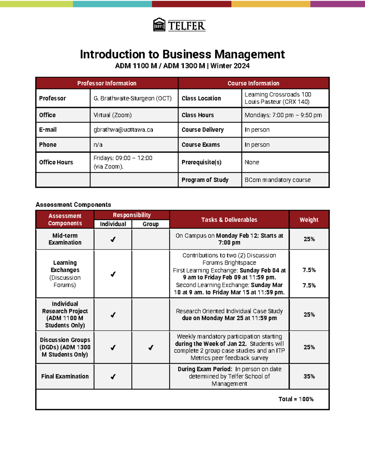 ADM 1100 ADM 1300 M 2024 Course Outline - Introduction to Business ...