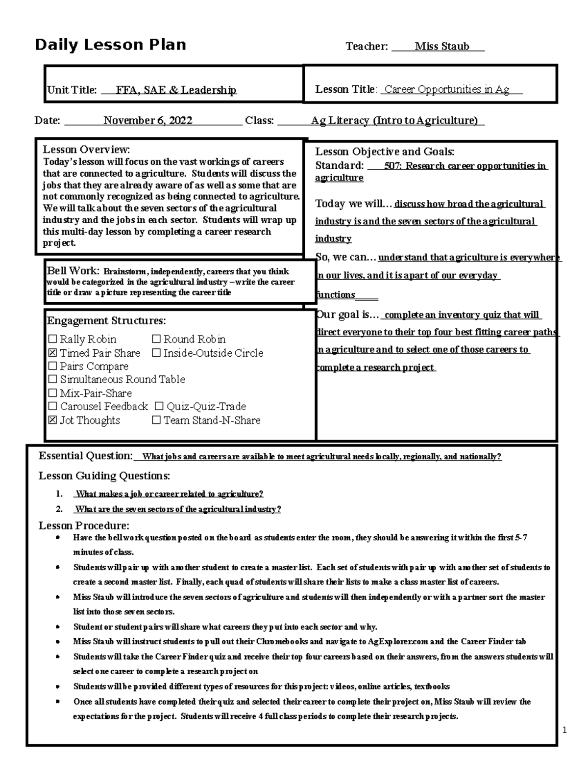 Lesson Plan (Task 3) - Passed - Daily Lesson Plan Teacher: Miss Staub ...