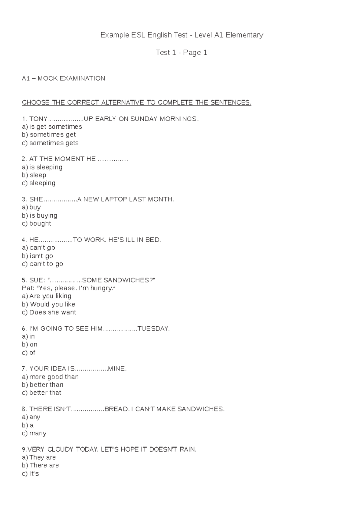 Examen de ingles nivel basico elemantal - Test 1 - Page 1 A1 – MOCK ...