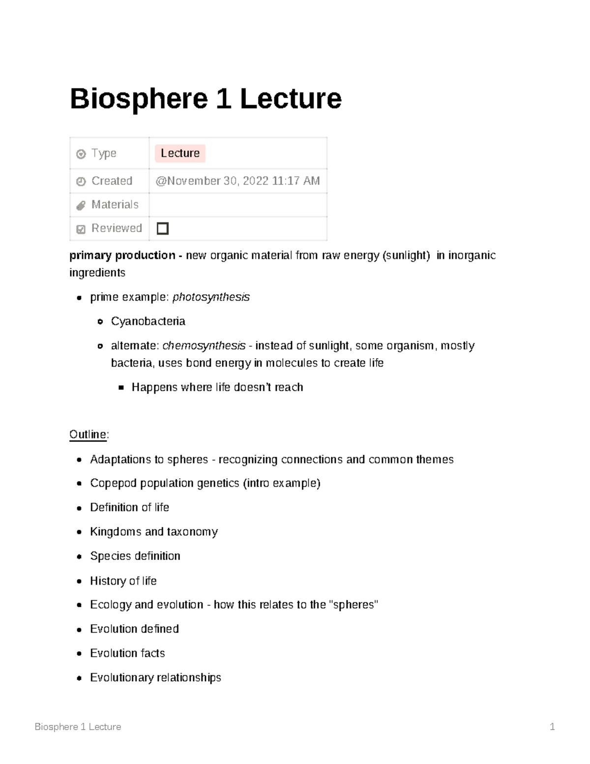 Biosphere 1 Lecture - Biosphere 1 Lecture Type Lecture Created ...