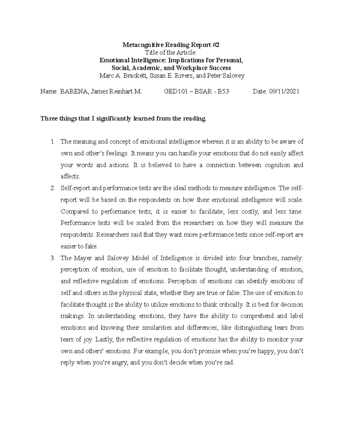 Metacognitive Reading 2 - Understanding the Self - Mapúa - Studocu