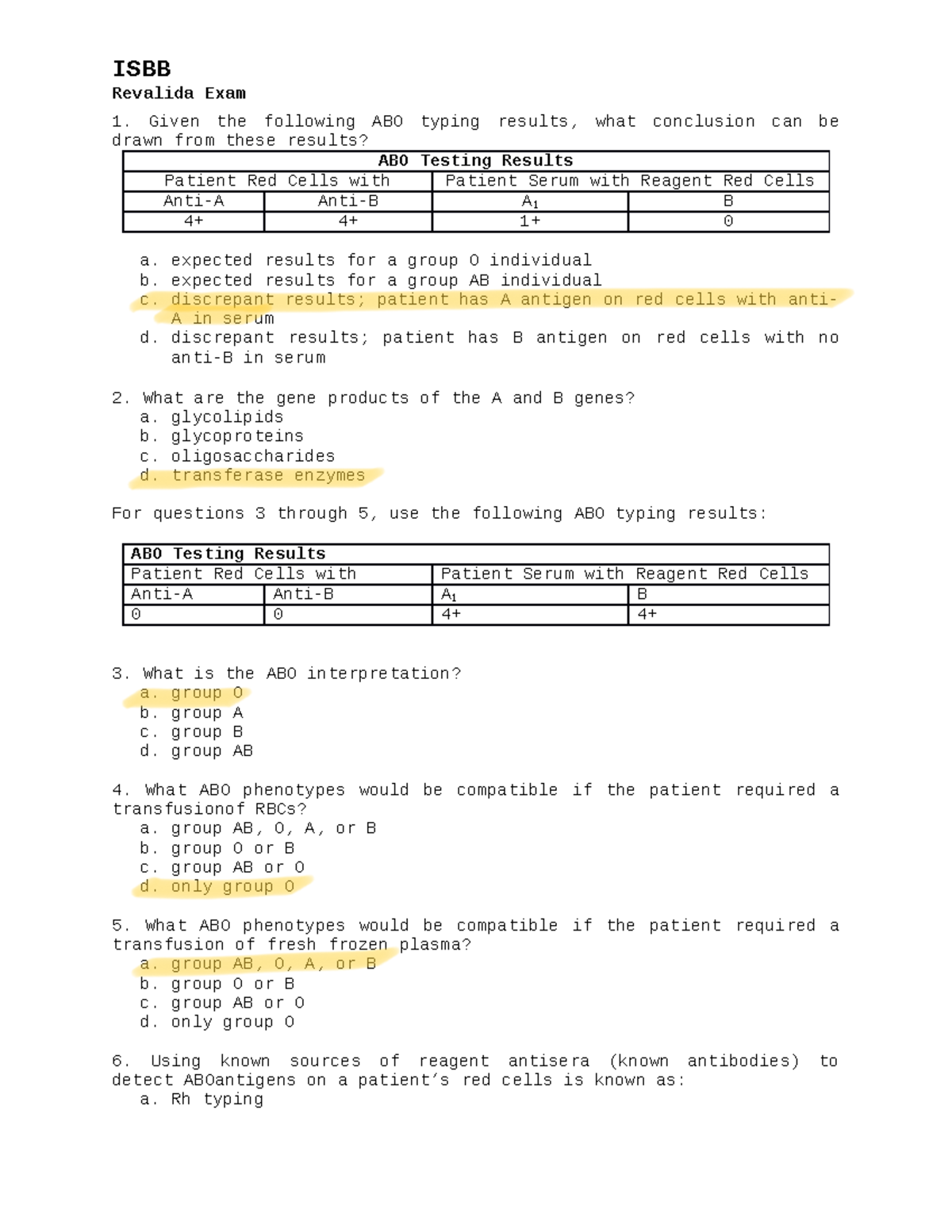 Revalida ISBB - Nice - Revalida Exam Given the following ABO typing ...