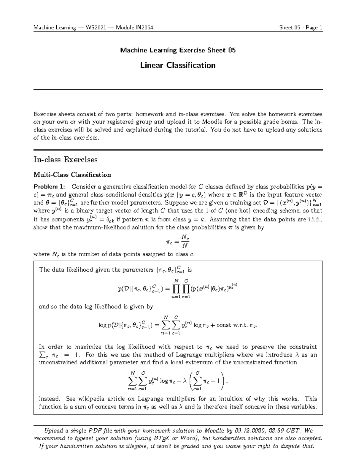 Exercise 05 linear classification solution - Machine Learning Exercise Sheet 05 Linear - Studocu