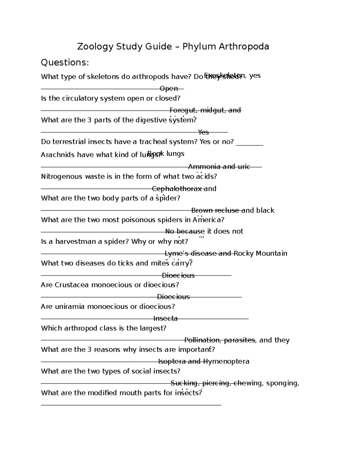 Zoology Study Guide For Phylum Arthropoda Zoology Study Guide