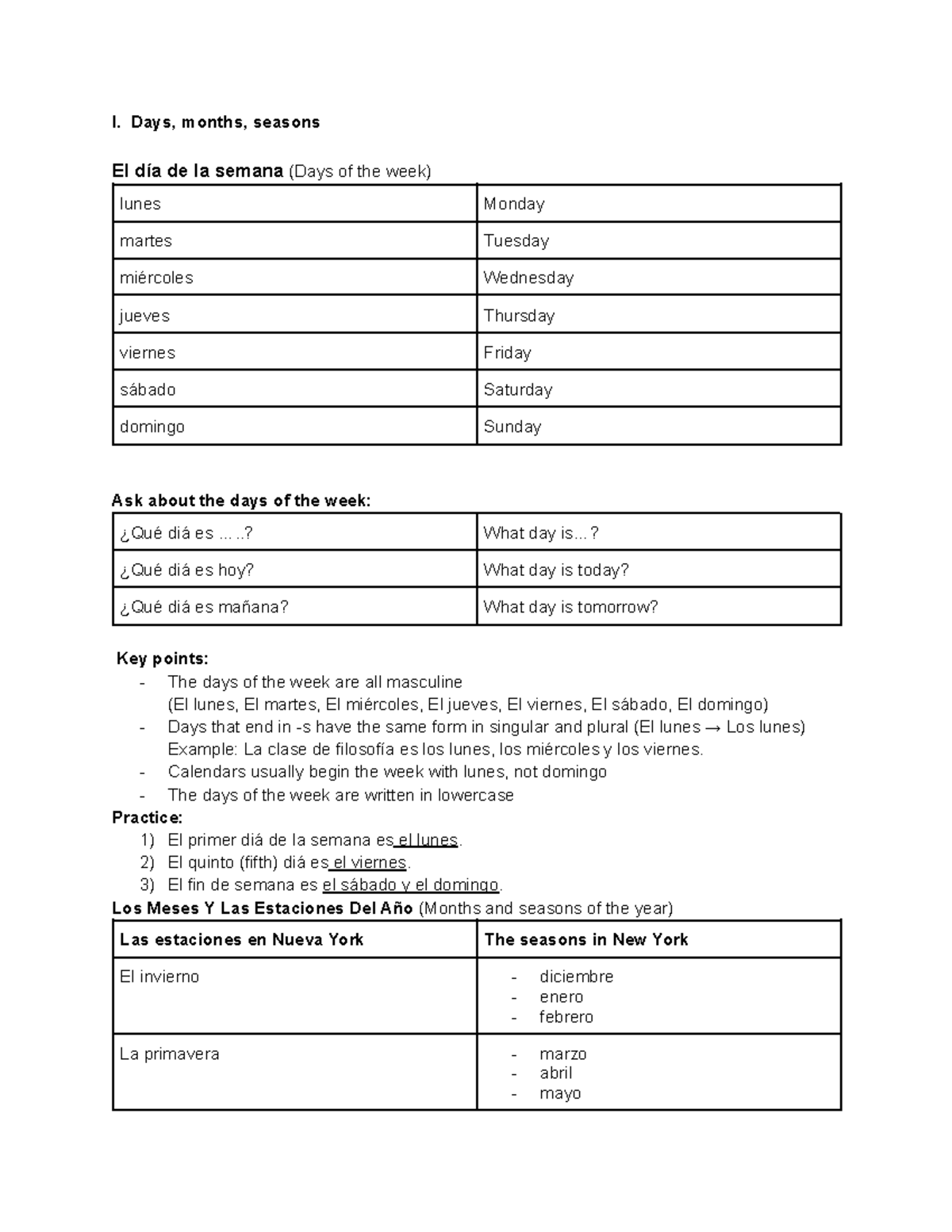 Quiz #1 Practice Spanish - I. Days, months, seasons El día de la semana ...