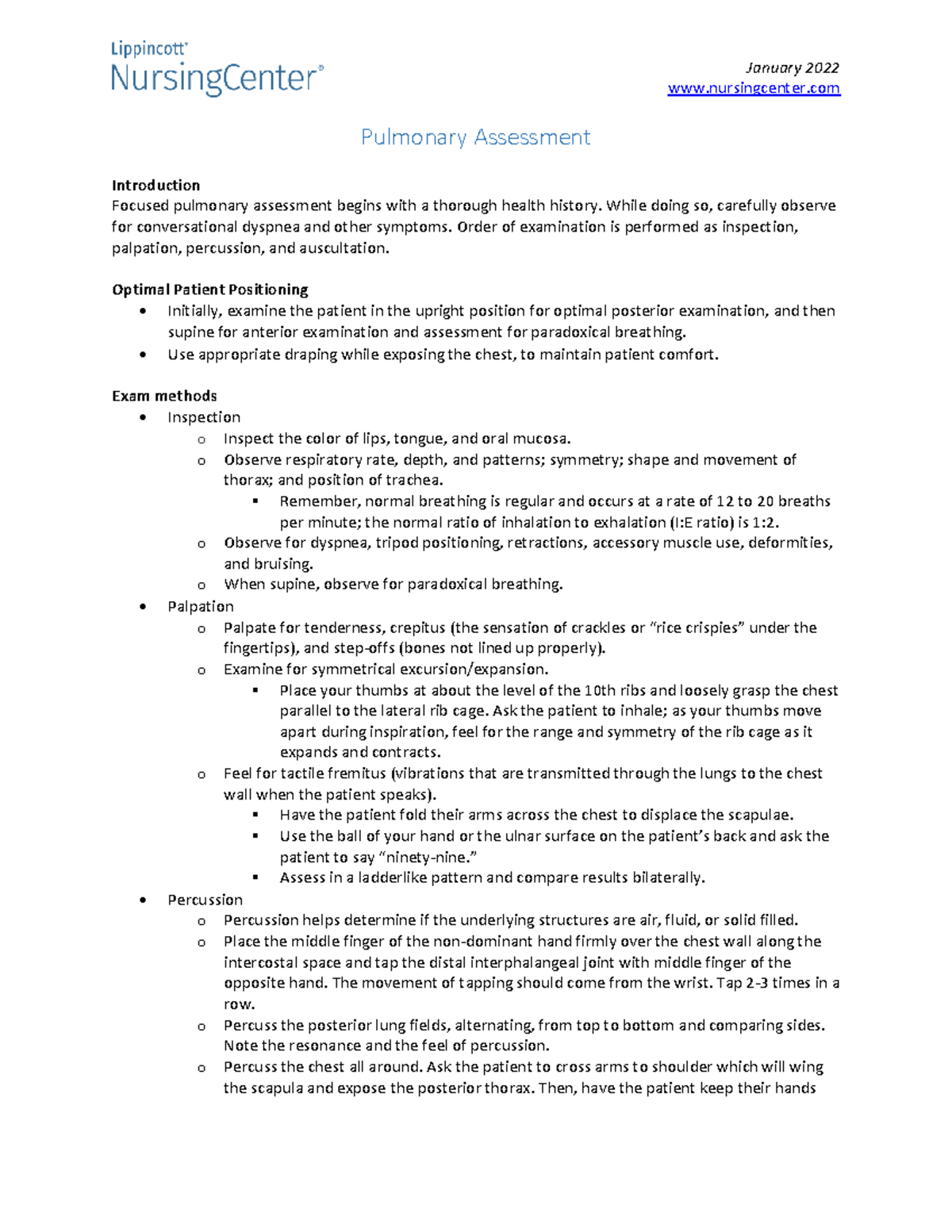 Pulmonary Assessment - January 2022 nursingcenter Pulmonary Assessment ...