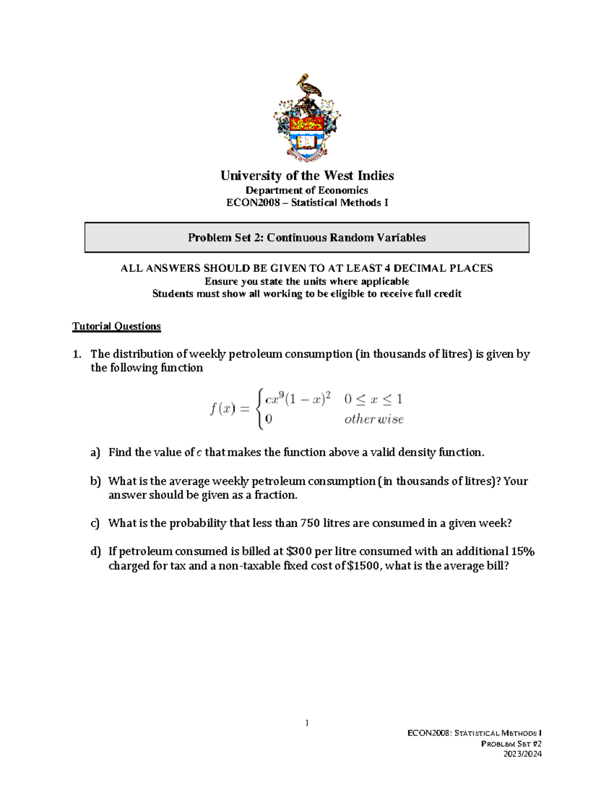 Problem Set 2 - Continuous Random Variables de0ebc8ba15953 ...