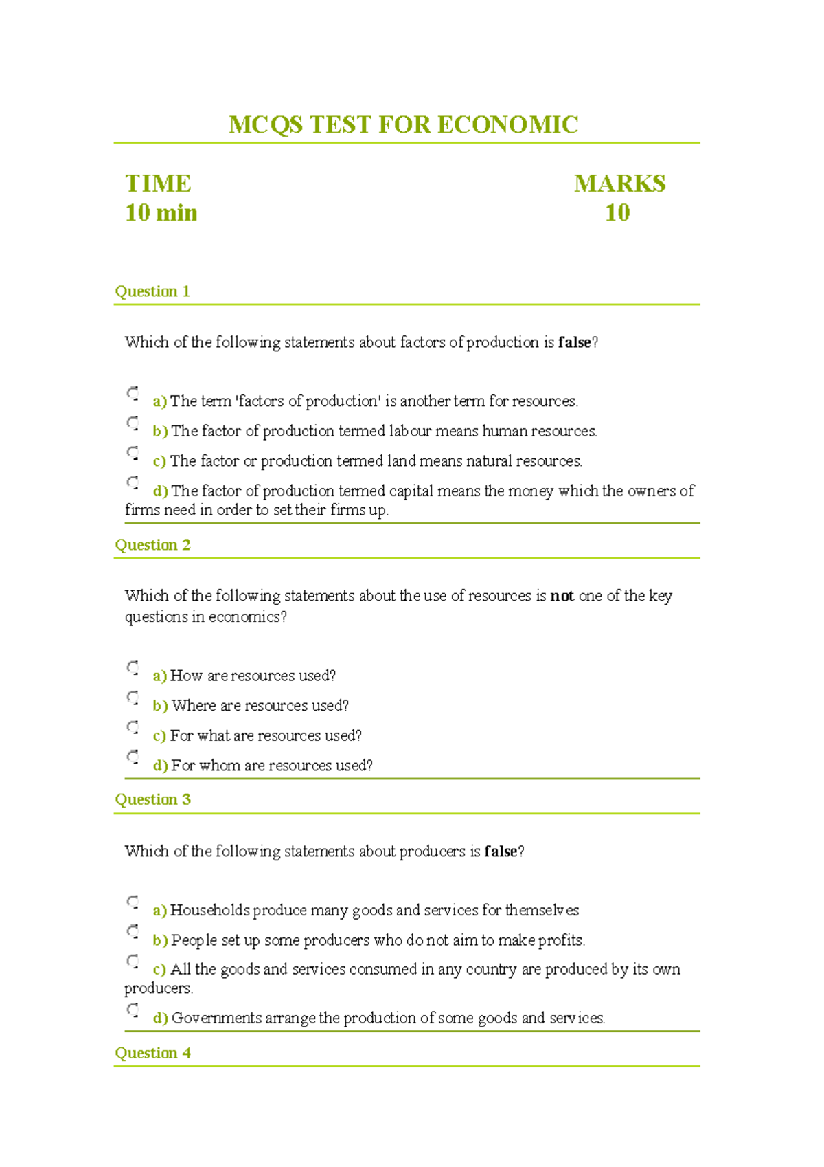 Chapter 1 The Nature of Economics - MCQS TEST FOR ECONOMIC TIME MARKS ...