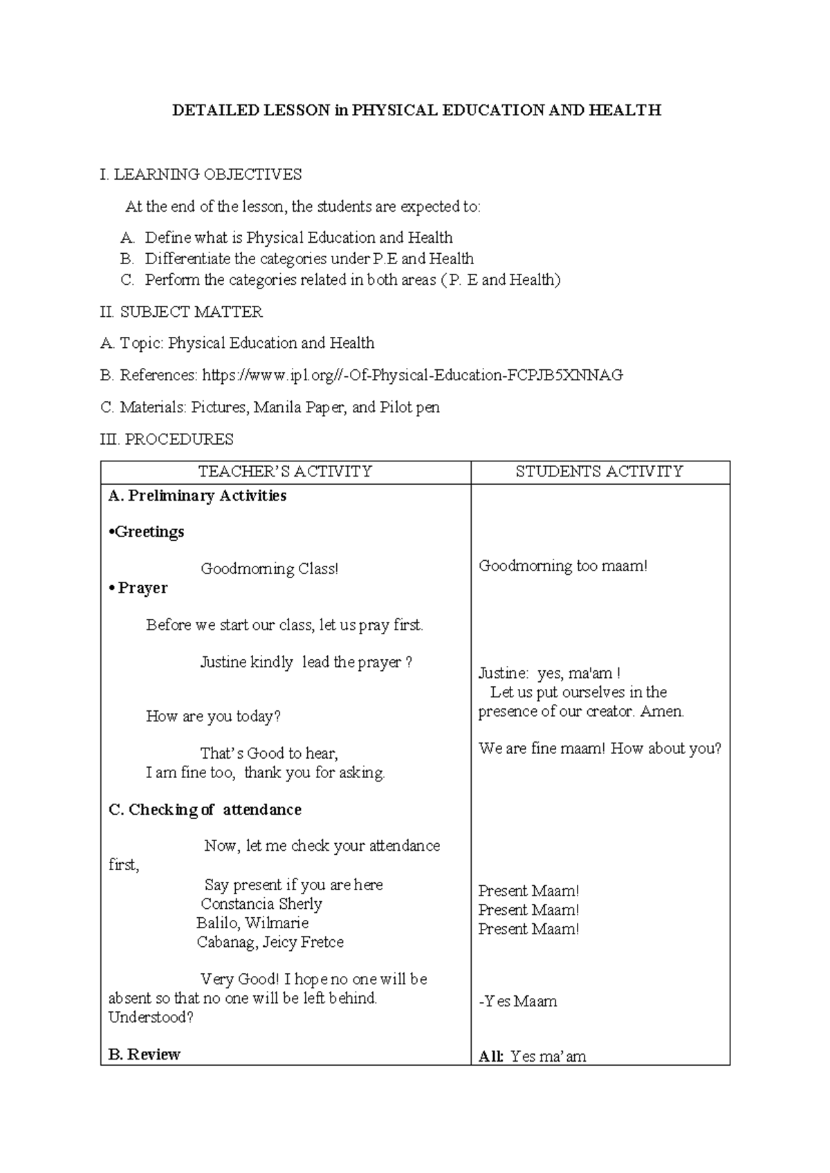 Detailed Lesson PLAN IN P.E and Health 021245 - DETAILED LESSON in ...