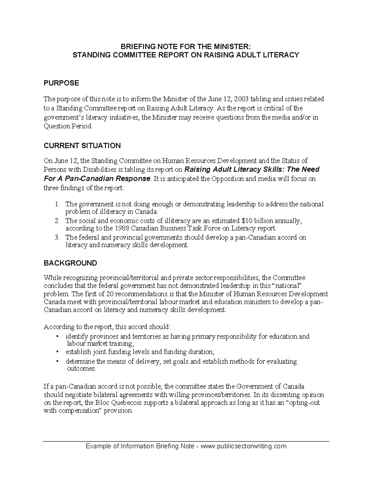 Simple Briefing Note Template - BRIEFING NOTE FOR THE MINISTER ...