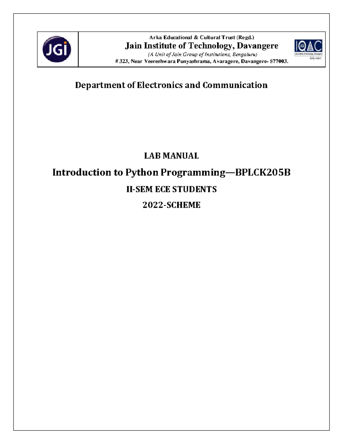Python Lab Manual Department Of Electronics And Communication Lab Manual Introduction To