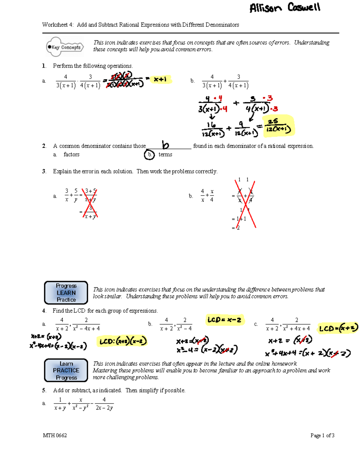 Worksheet 4-Add and Subtract with Different Denominators ...