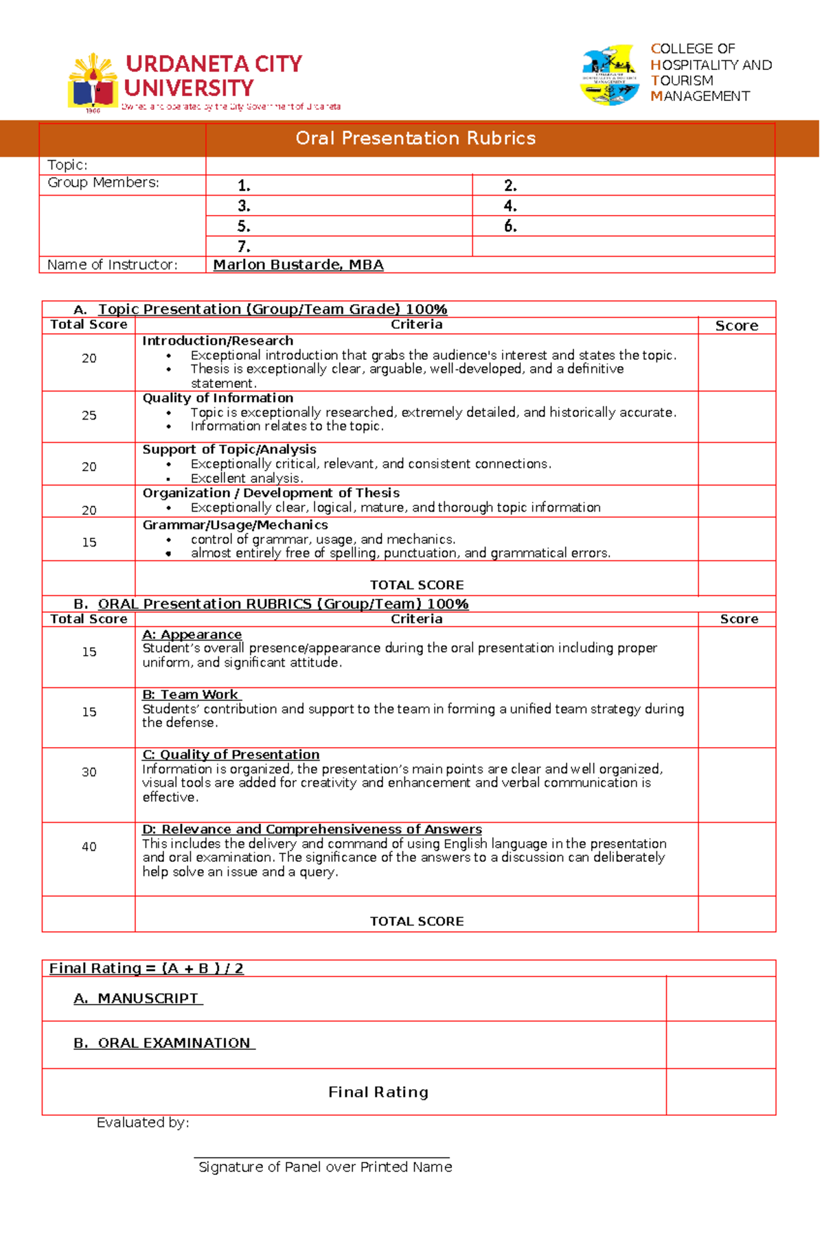 Rubric for reporting - COLLEGE OF HOSPITALITY AND TOURISM MANAGEMENT ...