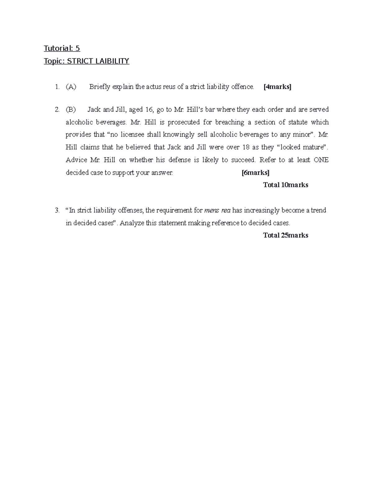 TUT. 5 Strict Liability Offences - Tutorial: 5 Topic: STRICT LAIBILITY ...