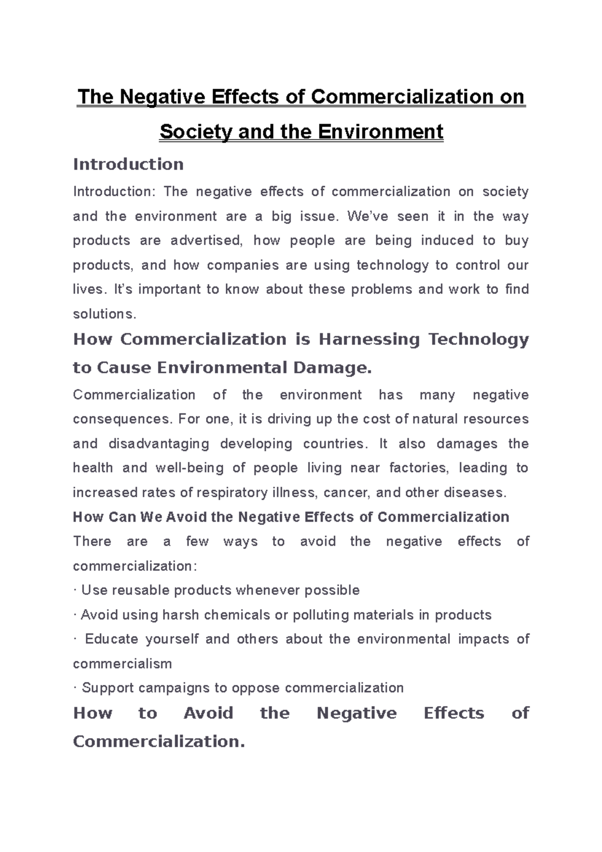 The Negative Effects of Commercialization on Society and the ...
